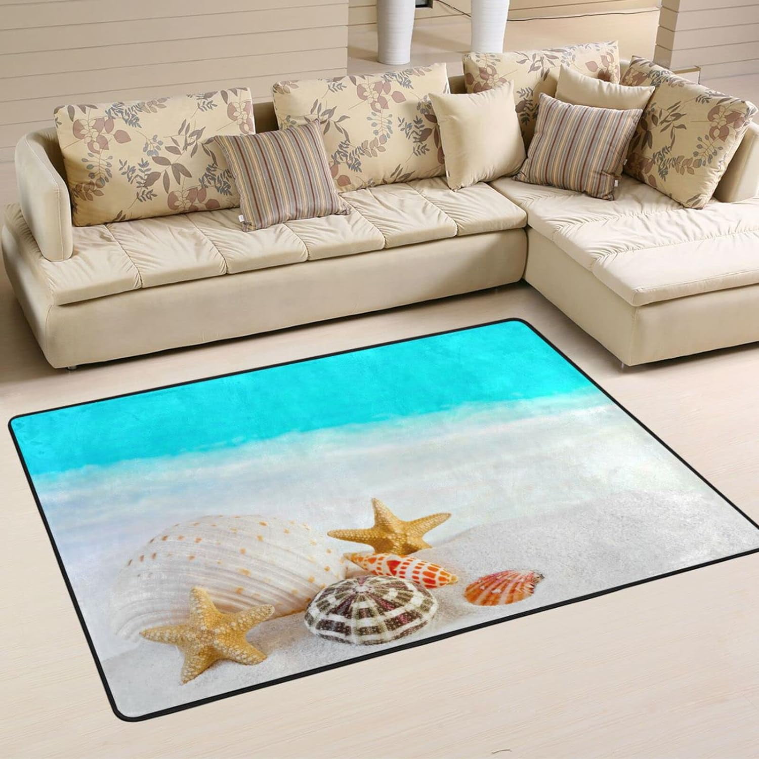 SKYSONIC 36x24in Summer Sea Shells Area Rug, White Sand Beach Non-Slip ...