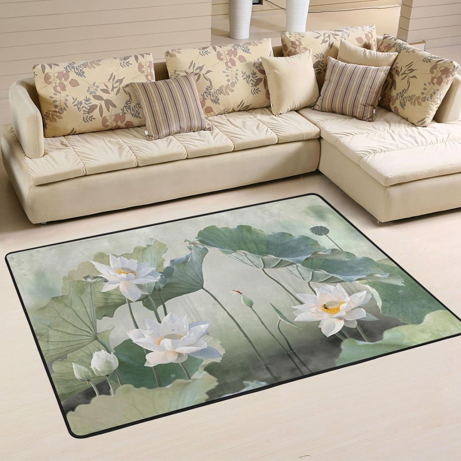 SKYSONIC 36x24in Summer White Lotus Flower Area Rug, Non-Slip Floor ...