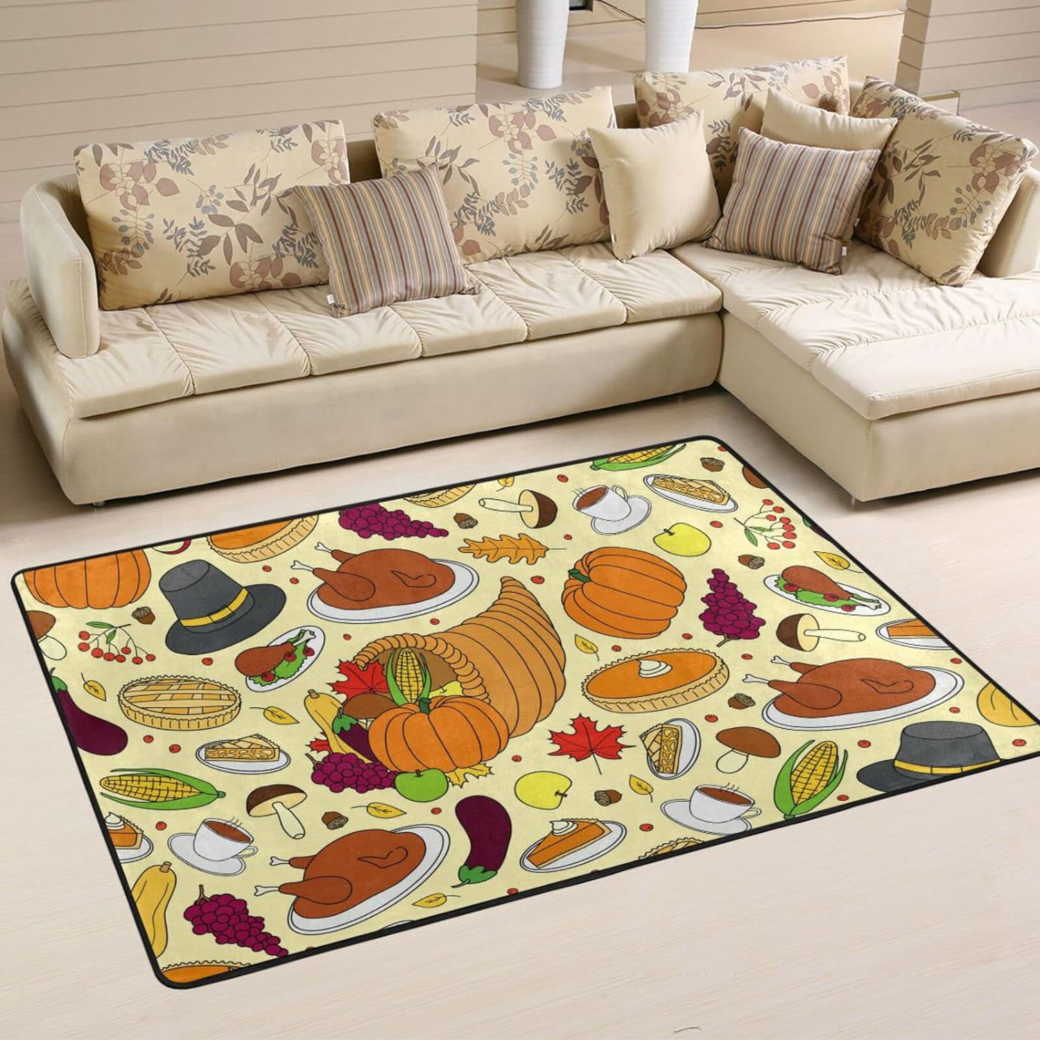 SKYSONIC 36x24in Thanksgiving Harvest Area Rug, Cornucopia Pumpkin Non ...