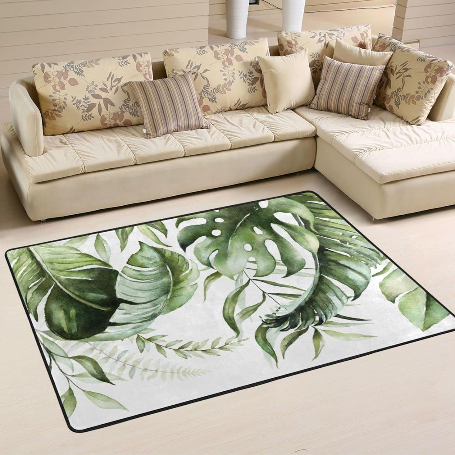 SKYSONIC 36x24in Tropical Green Leaves Area Rug, Summer Palm Leaf Non ...