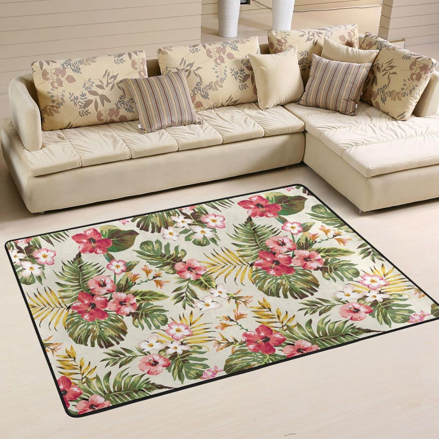 SKYSONIC 36x24in Tropical Hibiscus Flowers Area Rug, Palm Leaves Non ...