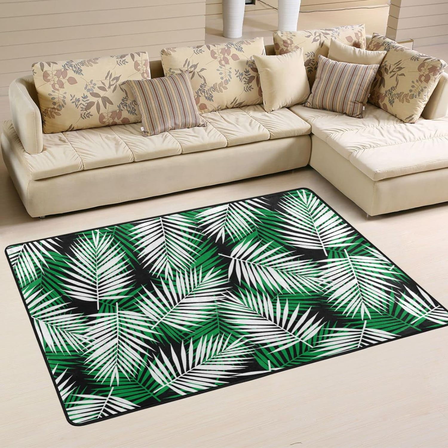 SKYSONIC 36x24in Tropical Palm Leaf Area Rug, Green White Leaves Non ...