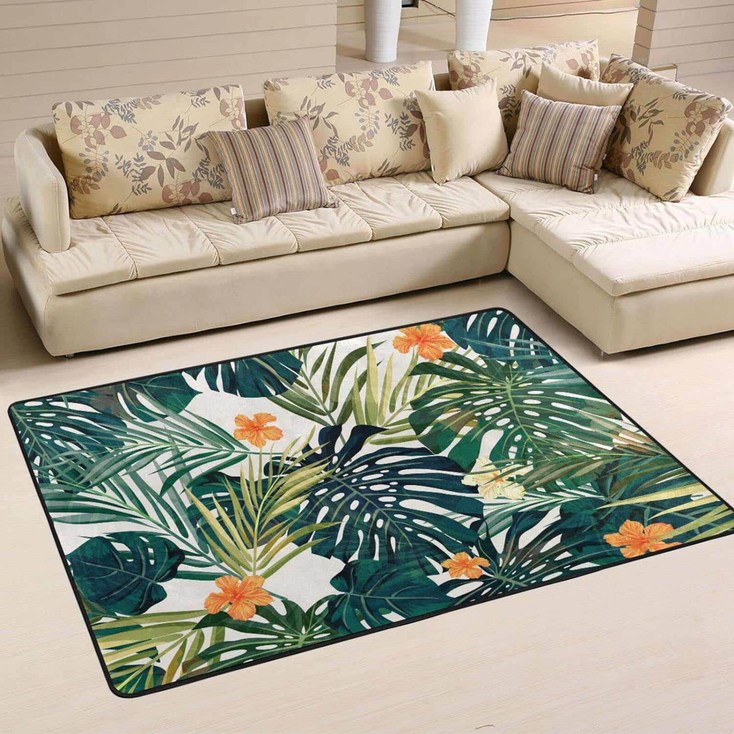 SKYSONIC 36x24in Tropical Palm Leaves Area Rug, Hibiscus Floral Non ...