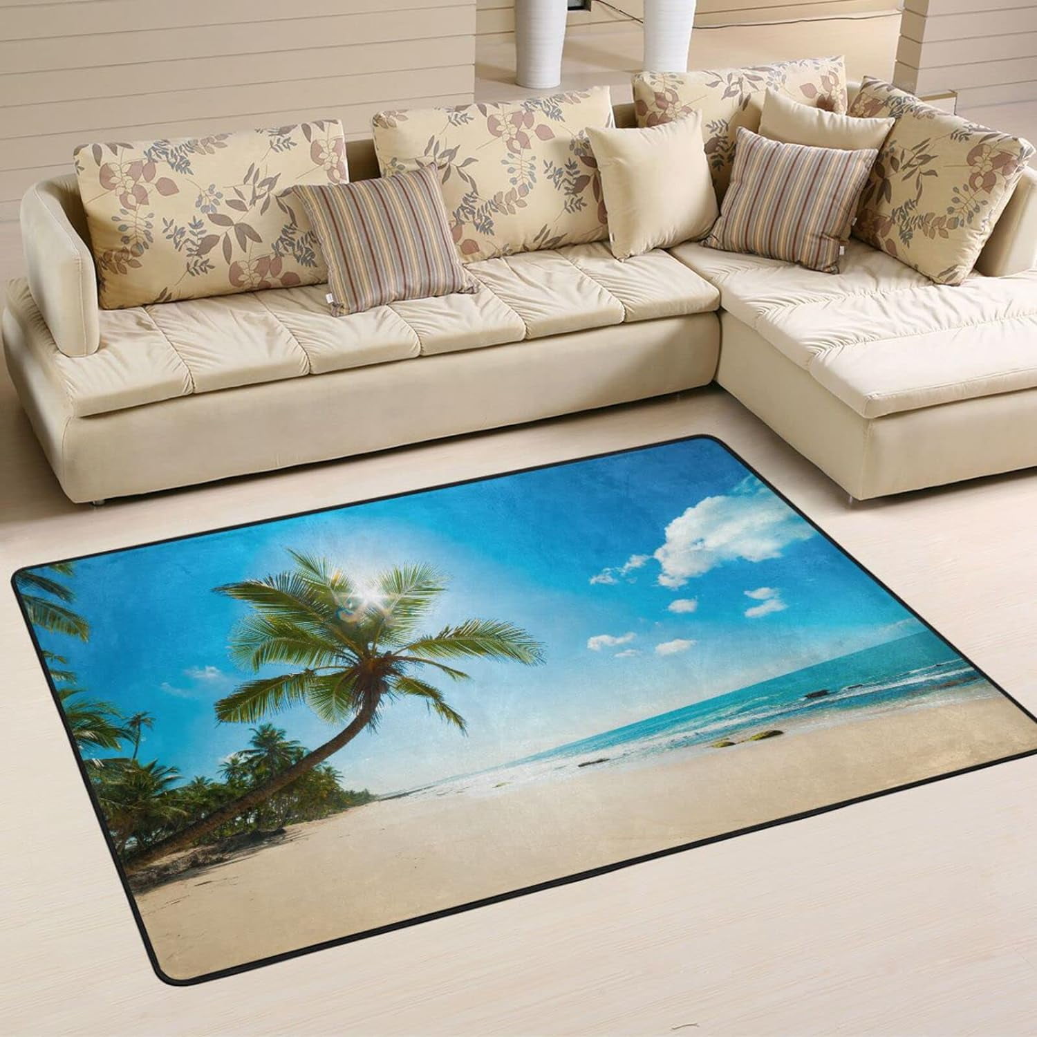 SKYSONIC 36x24in Tropical Sea Beach Area Rug, Palm Trees Non-Slip Floor ...