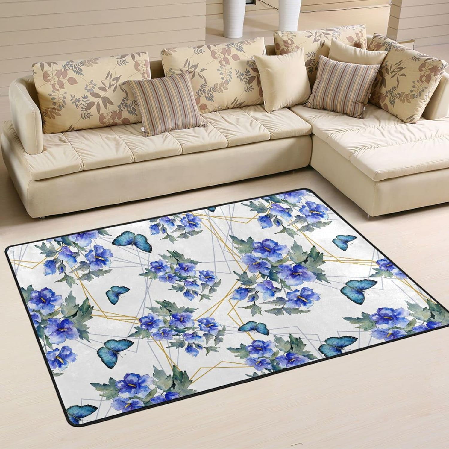 SKYSONIC 36x24in Watercolor Butterfly Poppy Area Rug, Blue Floral ...