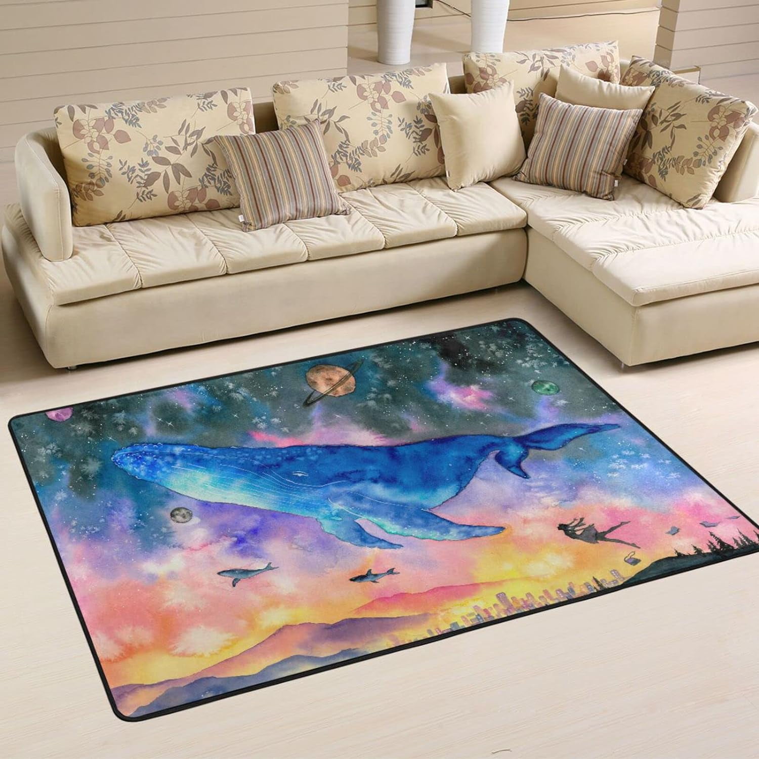 SKYSONIC 36x24in Watercolor Diving Whale Area Rug, Unique Galaxy Space ...