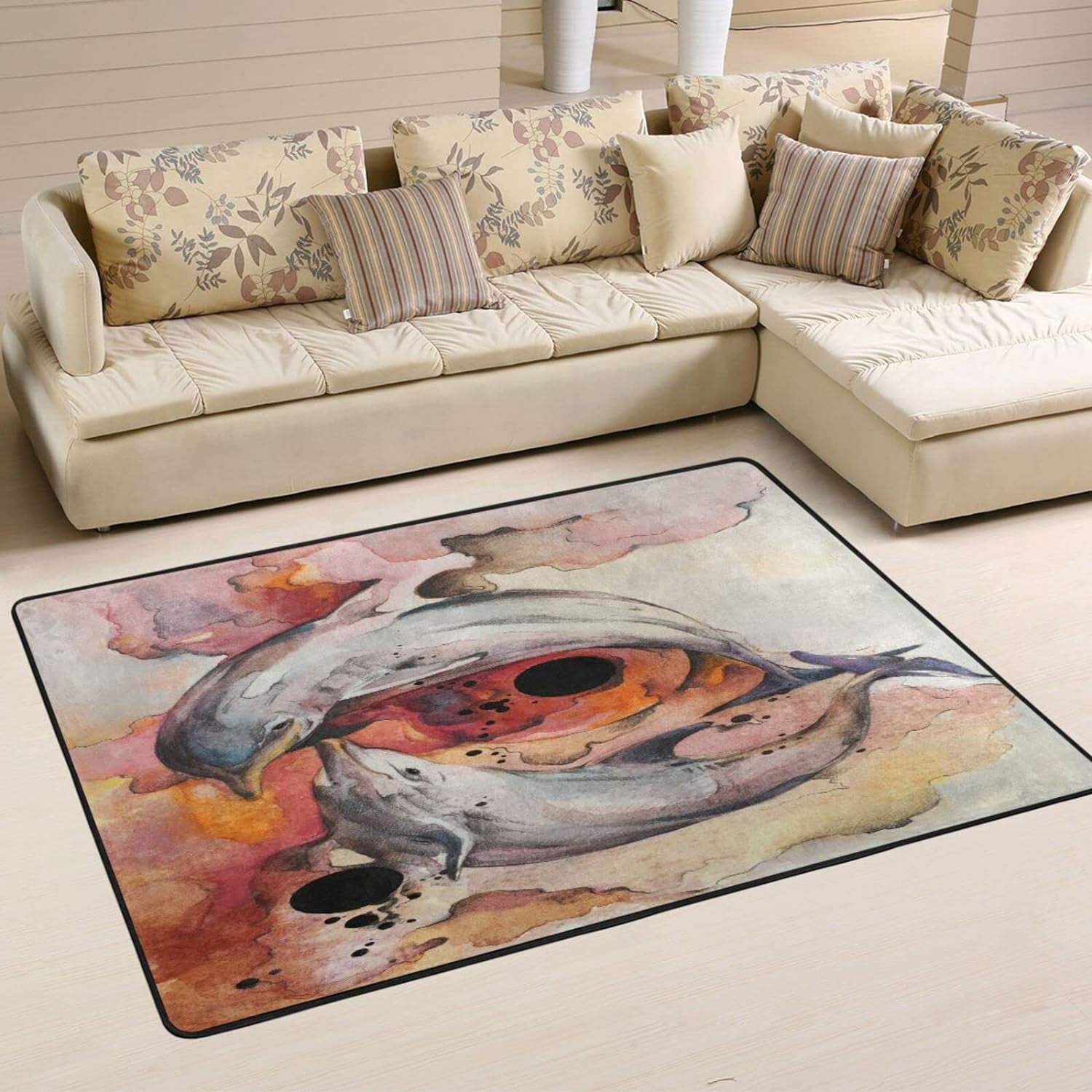 SKYSONIC 36x24in Watercolor Dolphin Couple Area Rug, Non-Slip Floor ...