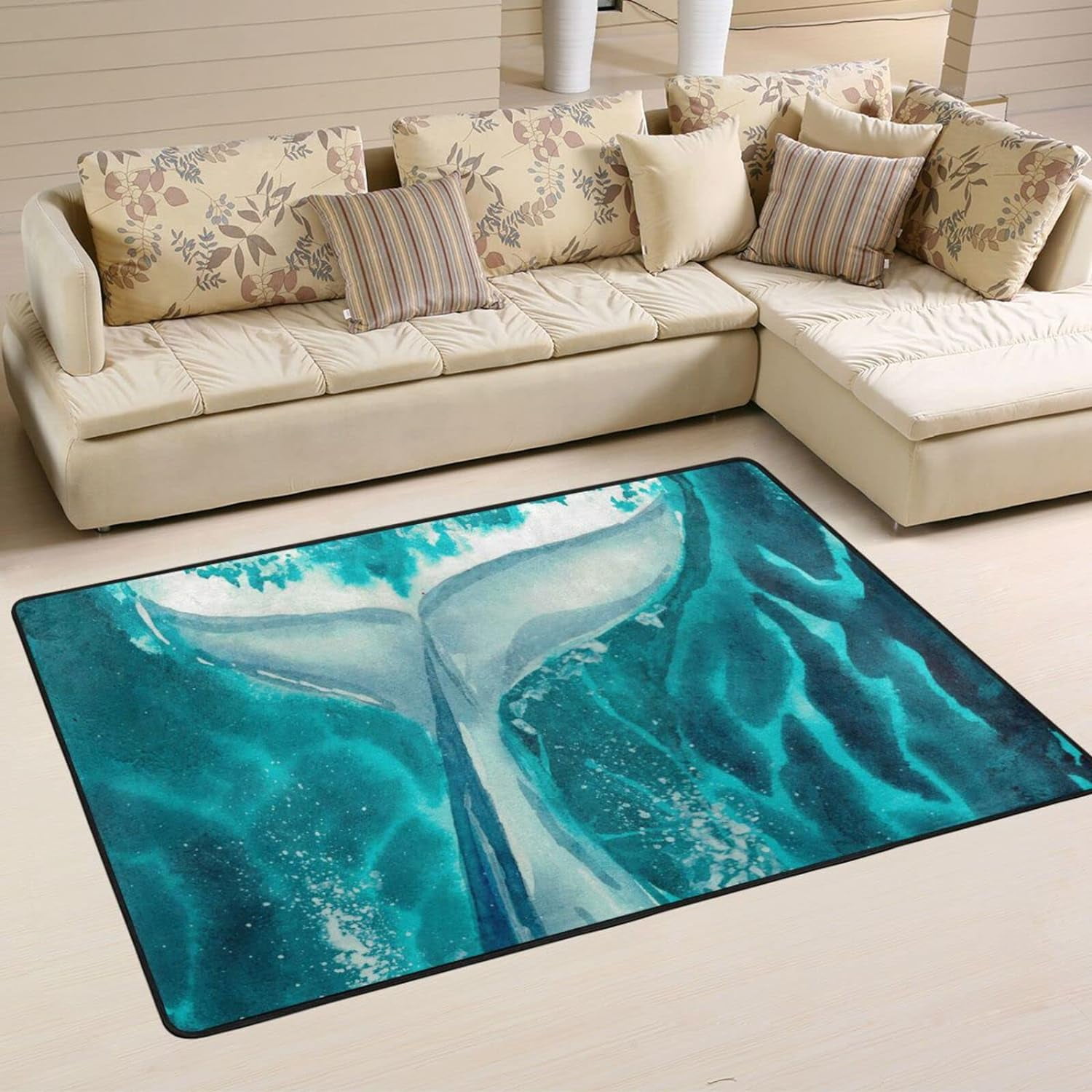 SKYSONIC 36x24in Watercolor Dolphin Whale Tail Area Rug, Non-Slip Floor ...