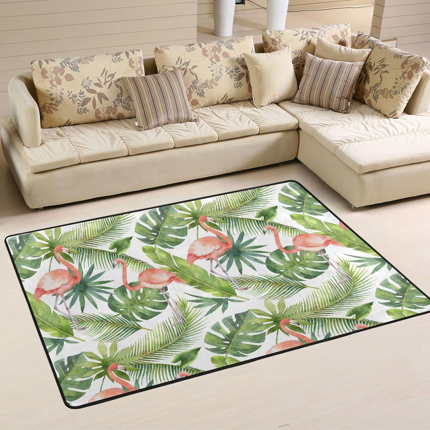 SKYSONIC 36x24in Watercolor Flamingos Area Rug, Pattern Palm Trees Non ...
