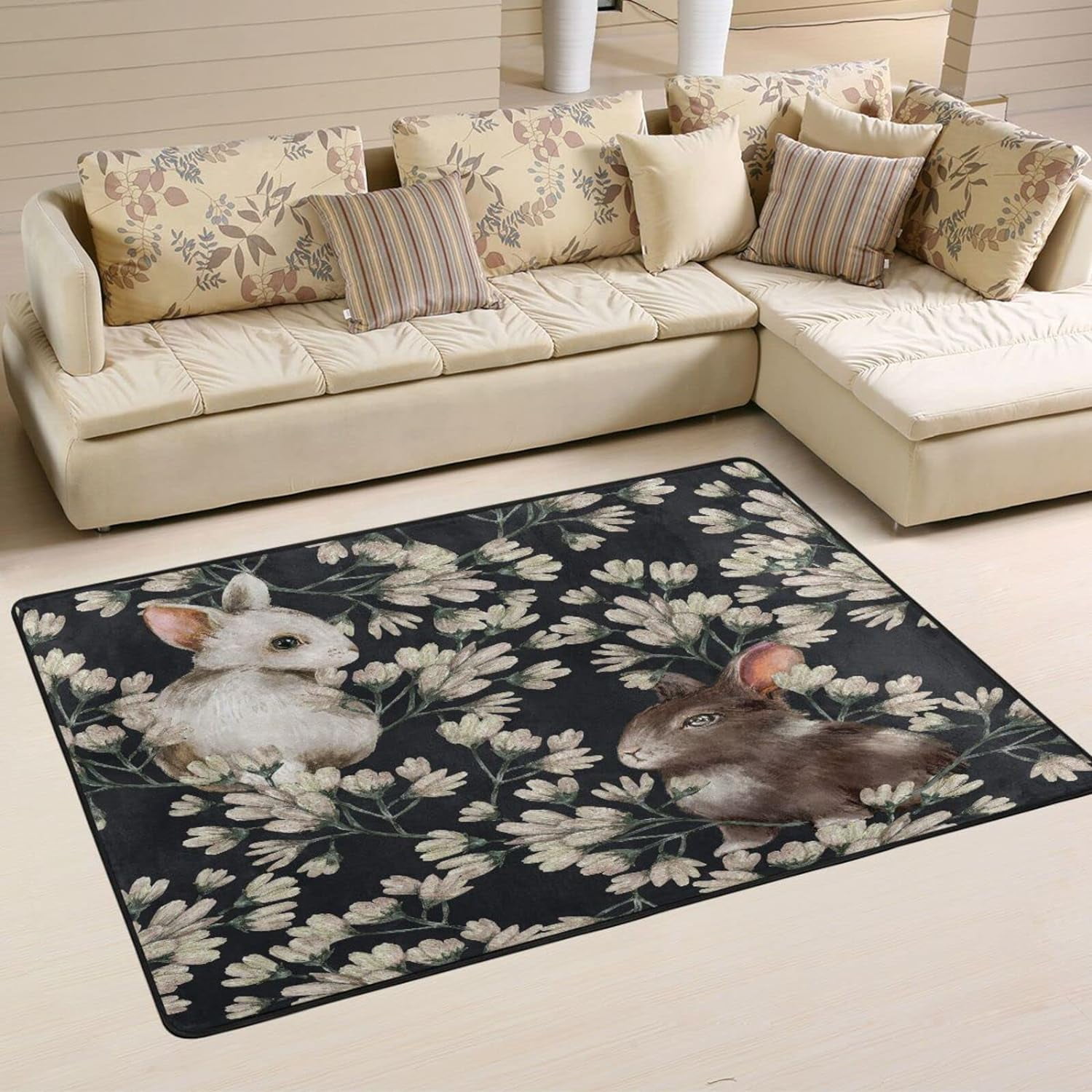 SKYSONIC 36x24in Watercolor Floral Rabbits Area Rug, Non-Slip Floor ...