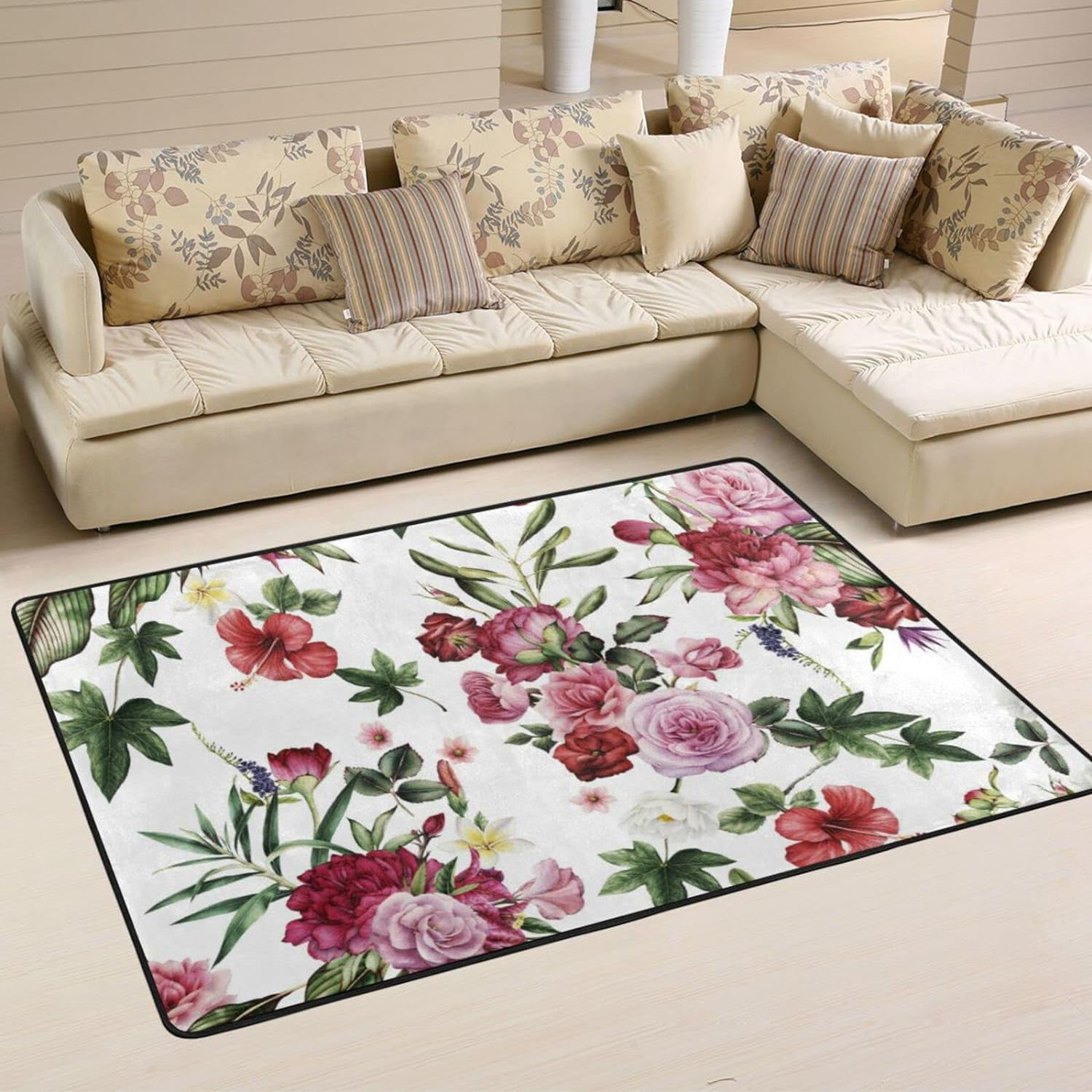 SKYSONIC 36x24in Watercolor Pink Rose Area Rug, Spring Flower Vintage ...