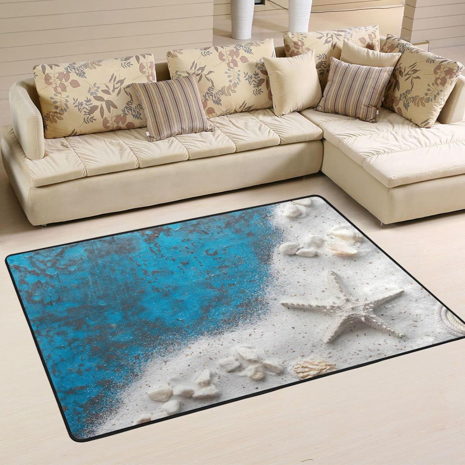 SKYSONIC 36x24in White Seashells Starfish Area Rug, Seashore Sand Non ...