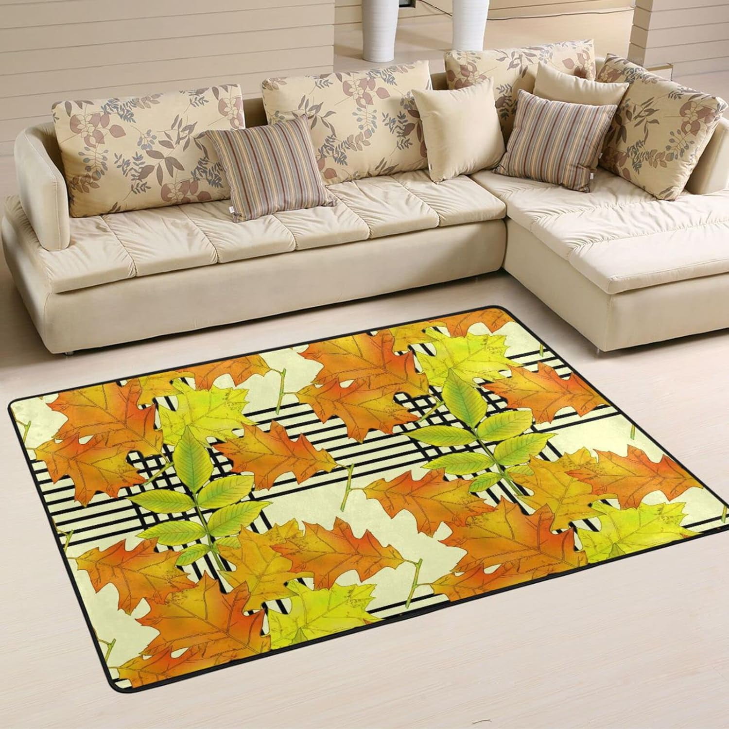 SKYSONIC 36x24in Autumn Yellow Leaf Area Rug, Classic Grid Non-Slip ...