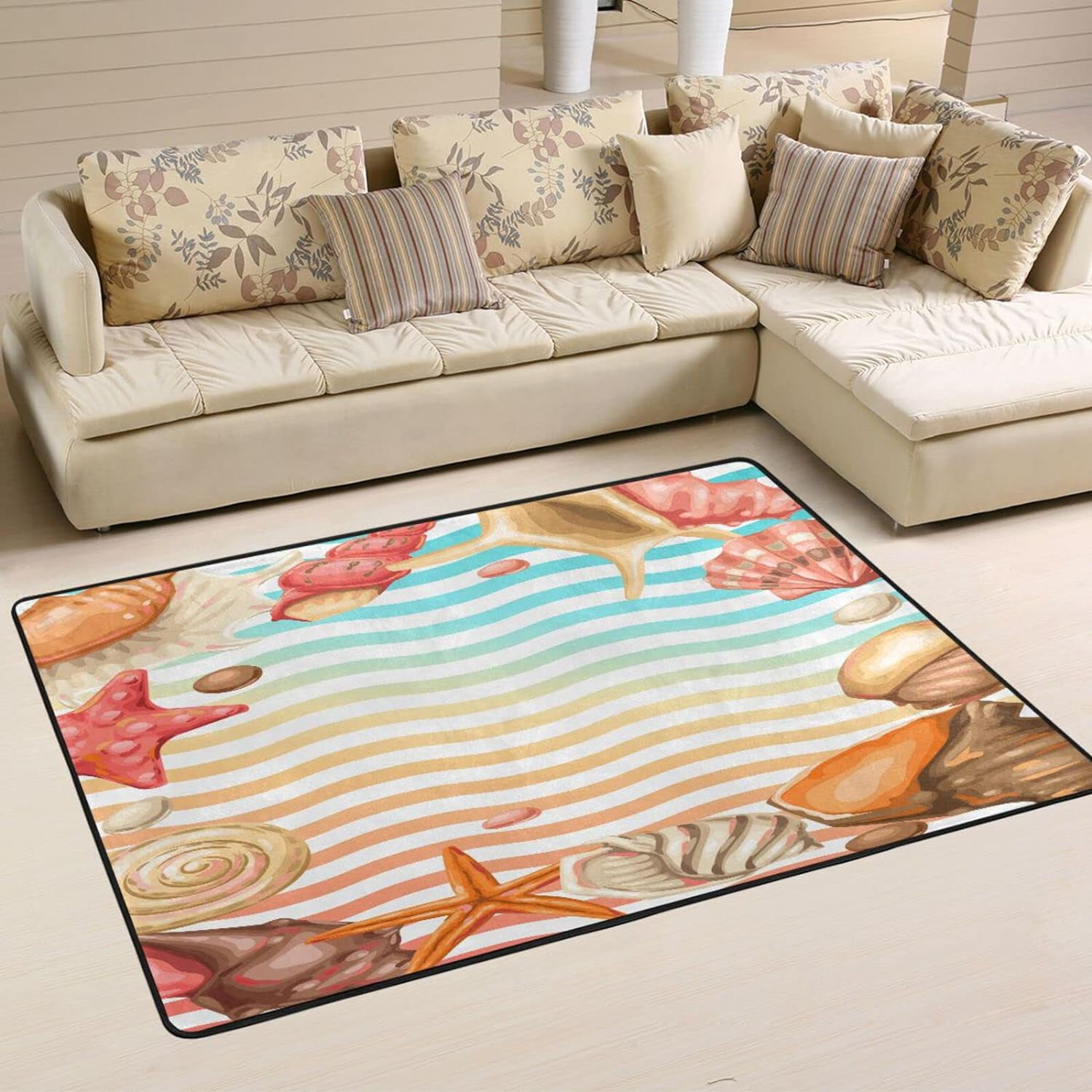 SKYSONIC 36x24in Beach Water Wave Area Rug, Starfish Seashell Non-Slip ...