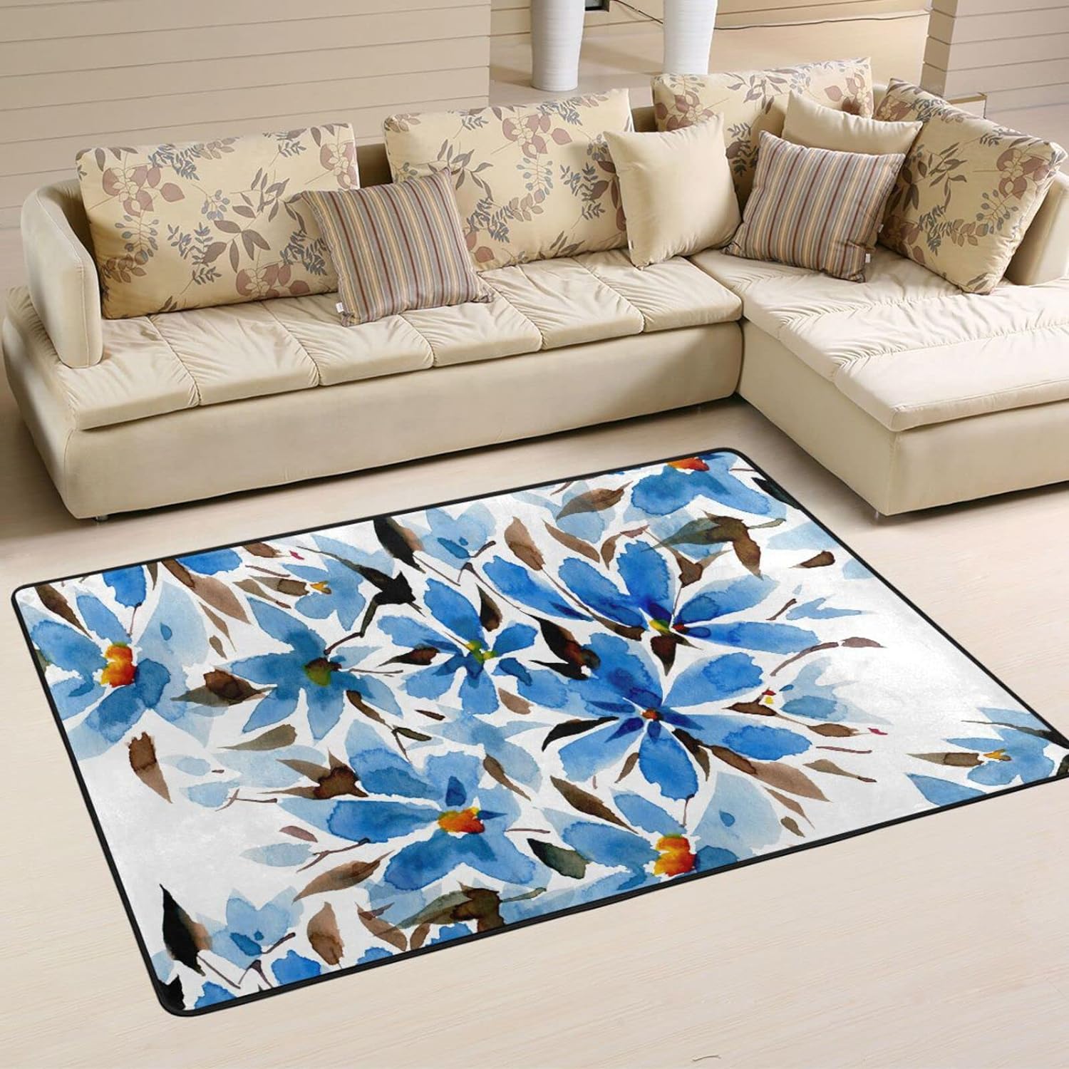 SKYSONIC 36x24in Blue Watercolor Flowers Area Rug, Non-Slip Floor ...