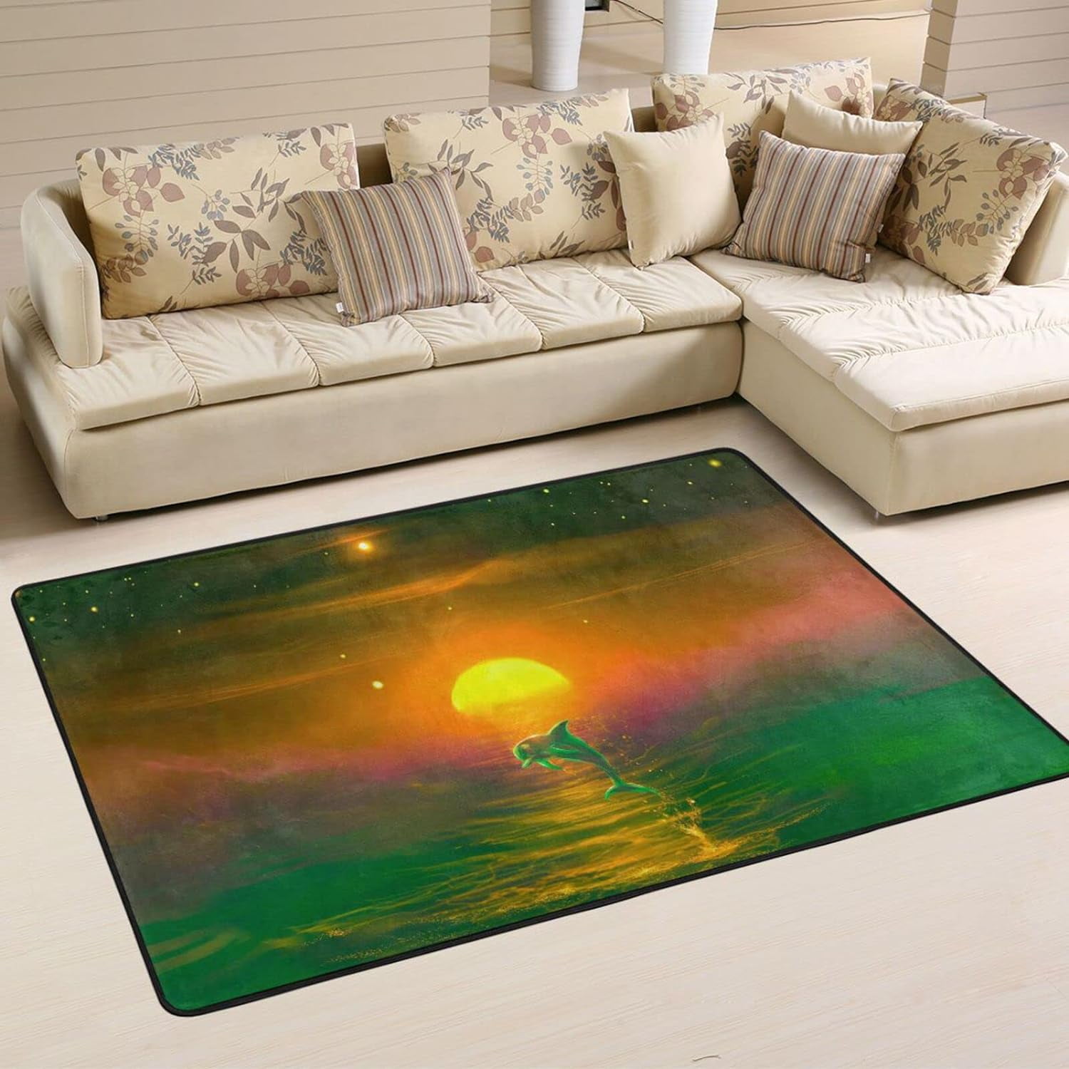 SKYSONIC 36x24in Colorful Sea Dolphins Area Rug, Night Full Moon Sky ...