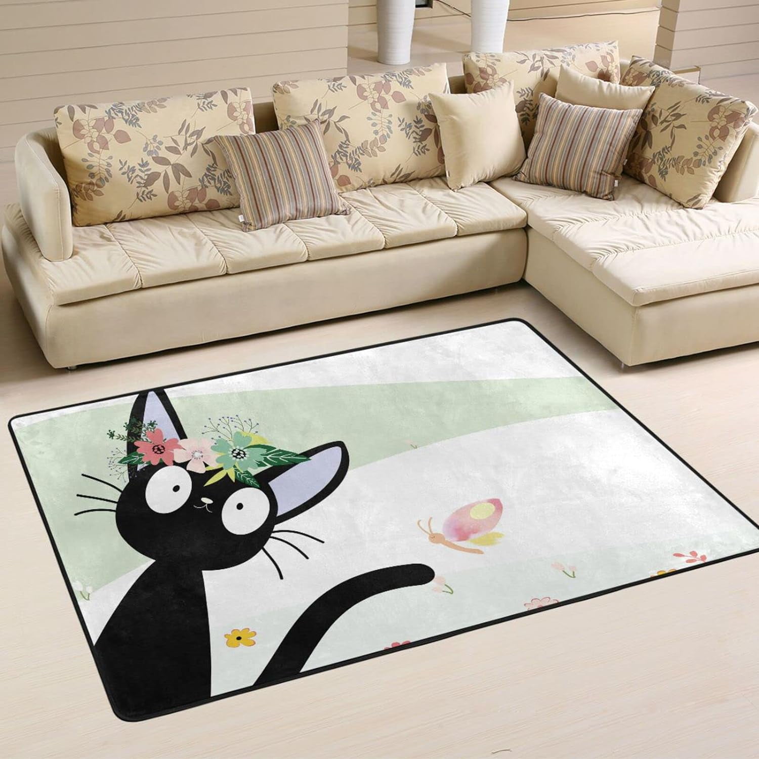 SKYSONIC 36x24in Cute Black Cat Area Rug, Cartoon Flower Butterfly ...