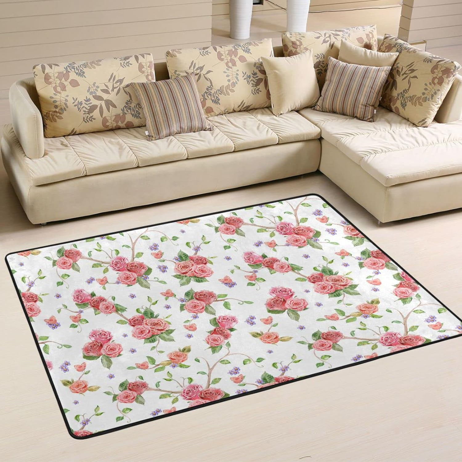 SKYSONIC 36x24in Cute Roses Flower Area Rug, Spring Floral Non-Slip ...