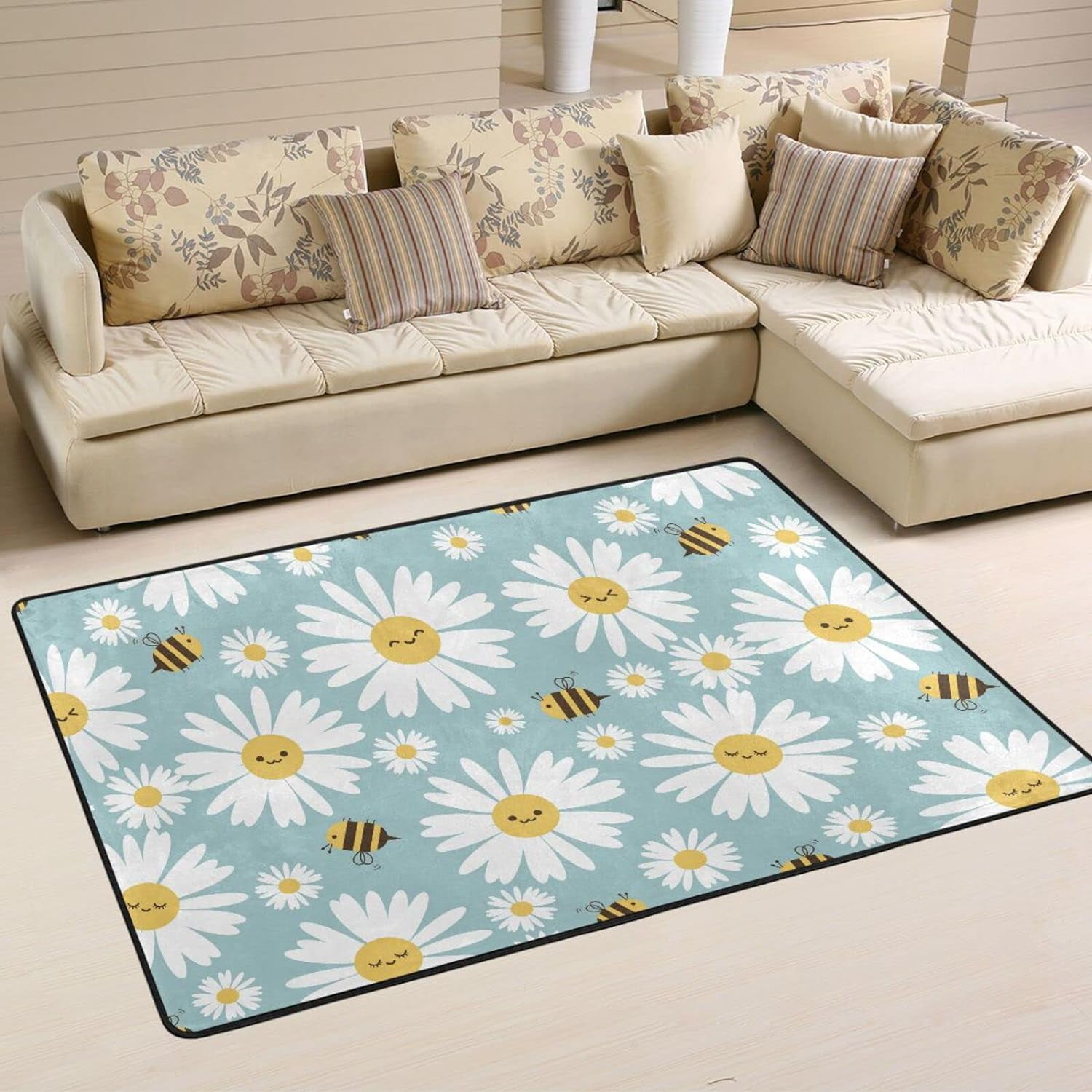 SKYSONIC 36x24in Daisy Flower Bees Area Rug, Spring Summer Time Non ...