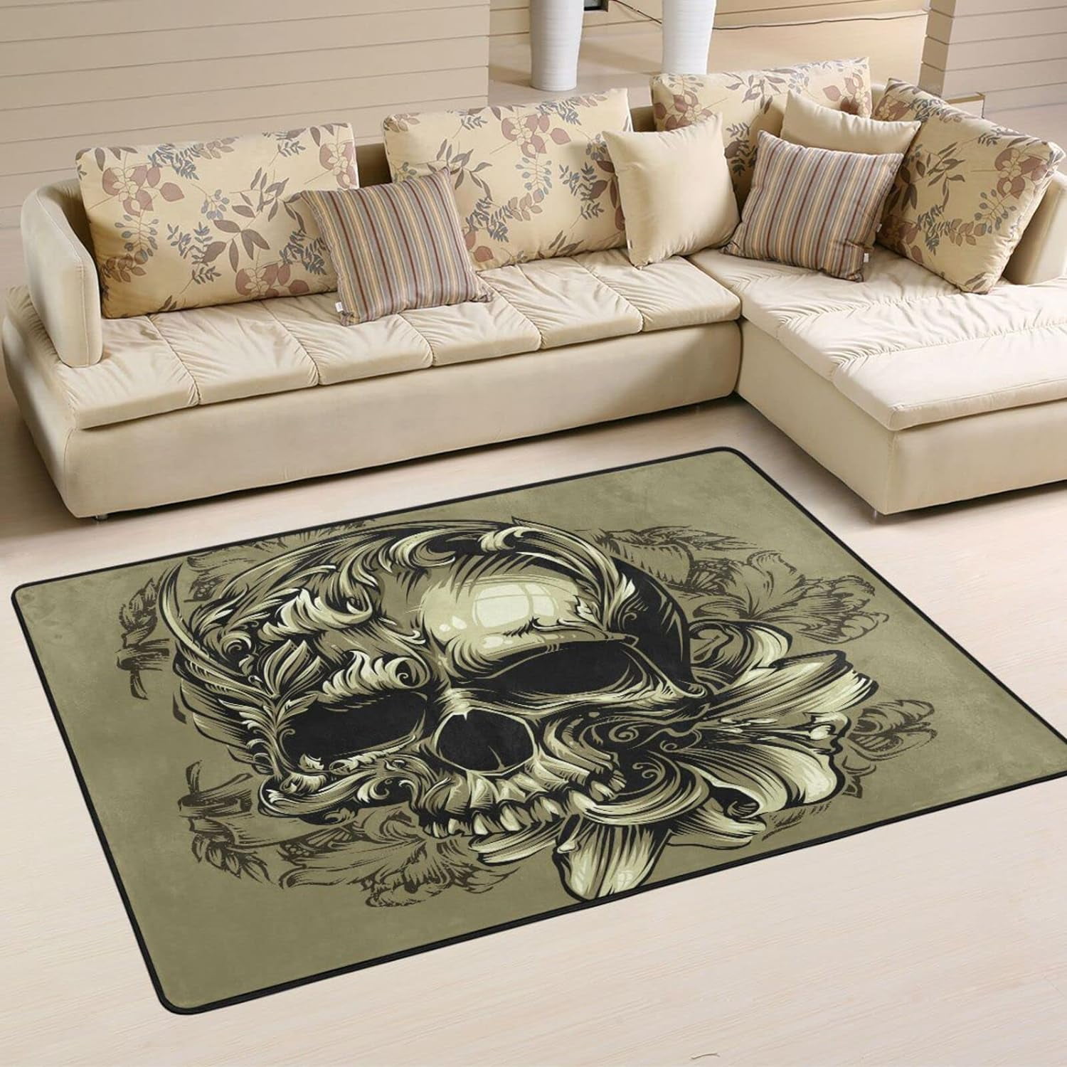 SKYSONIC 36x24in Golden Flower Skull Area Rug, Vintage Skeleton Non ...