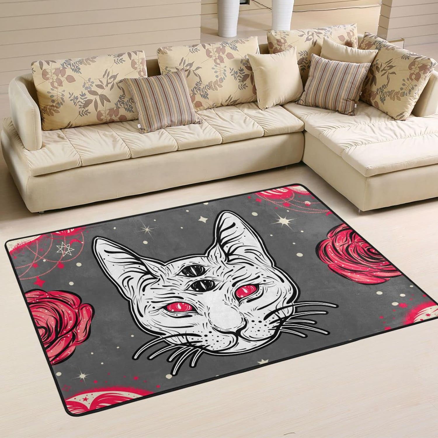 SKYSONIC 36x24in Gothic Magic Cats Head Area Rug, Red Rose Non-Slip ...