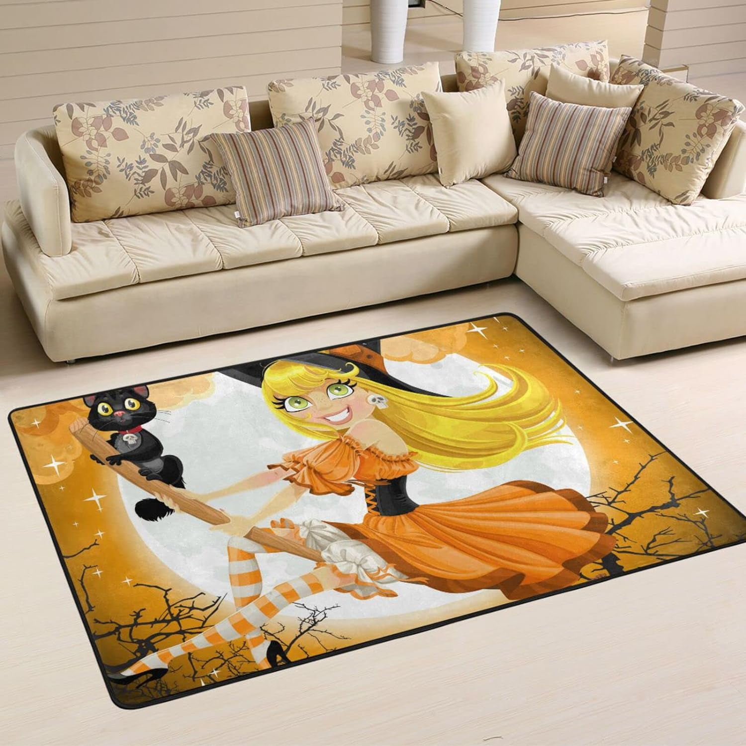 SKYSONIC 36x24in Halloween Witch Girl Area Rug, Black Cat Moon Non-Slip ...