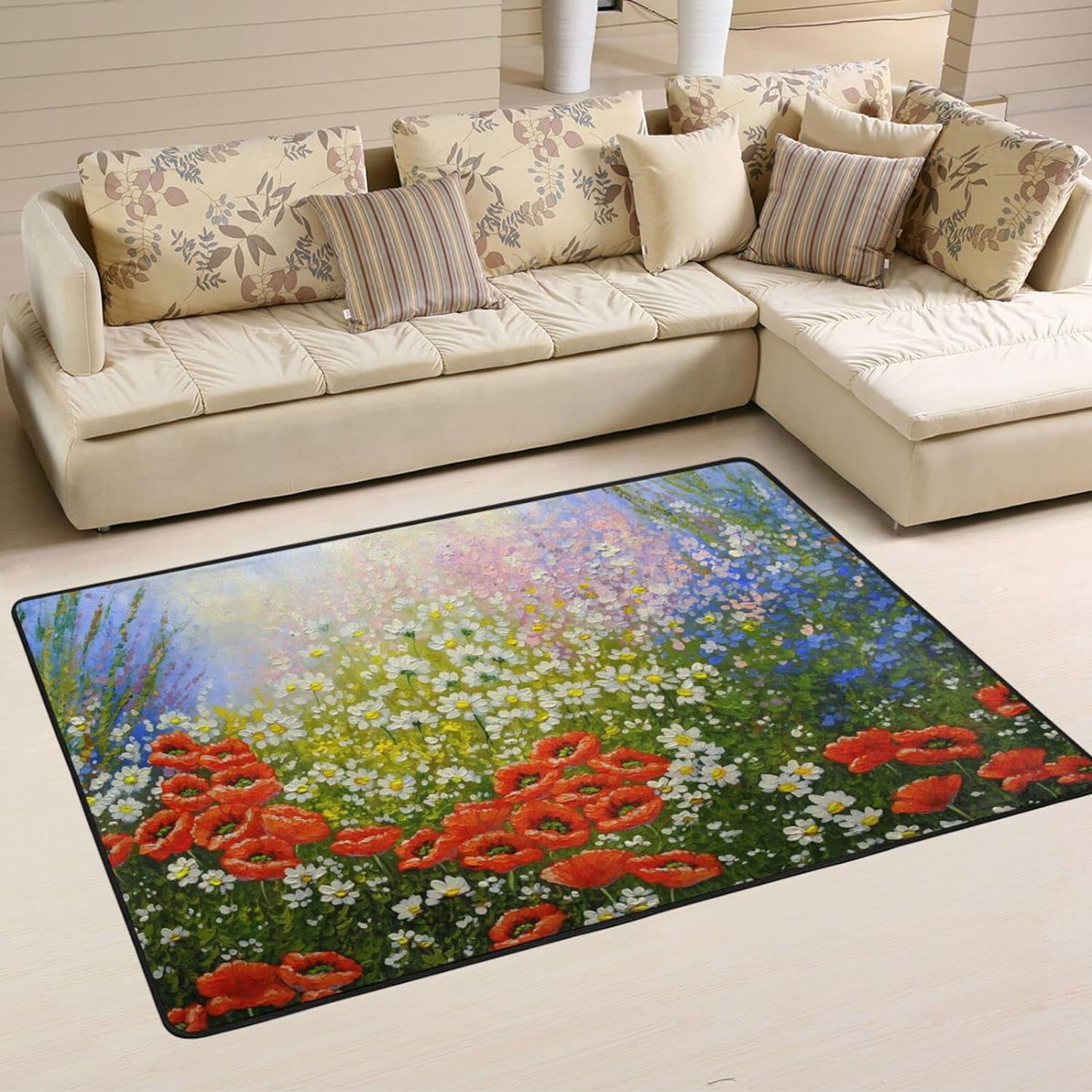 SKYSONIC 36x24in Poppies Flowers Graden Area Rug, Oil Paintings ...