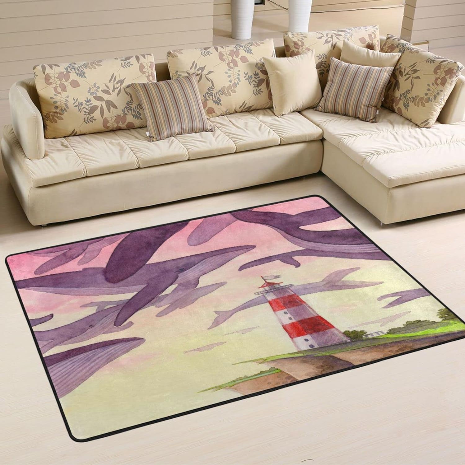 SKYSONIC 36x24in Purple Whales Summer Area Rug, Lighthouse Watercolor ...