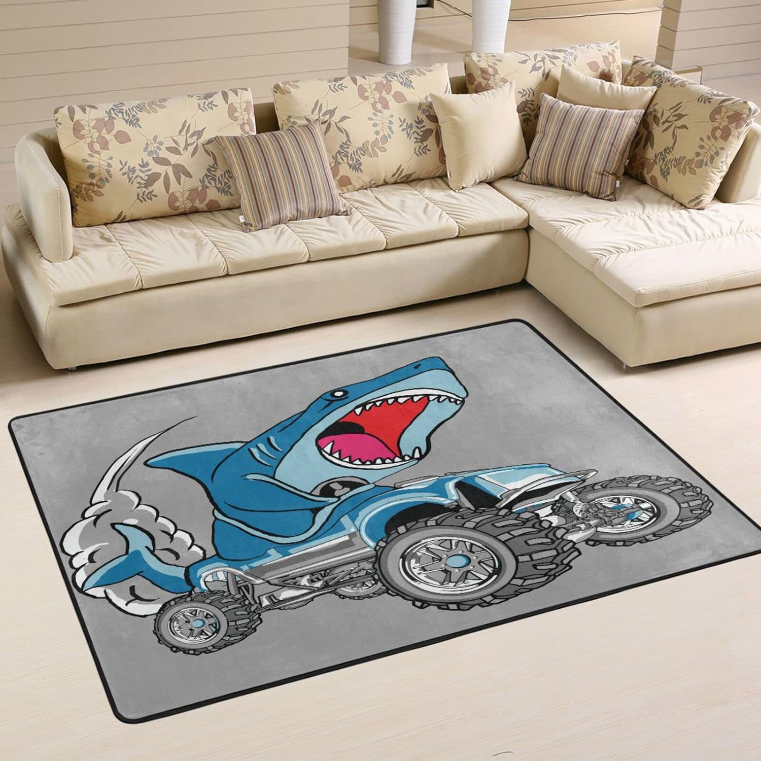 SKYSONIC 36x24in Shark Riding Monster Car Area Rug, Non-Slip Floor ...