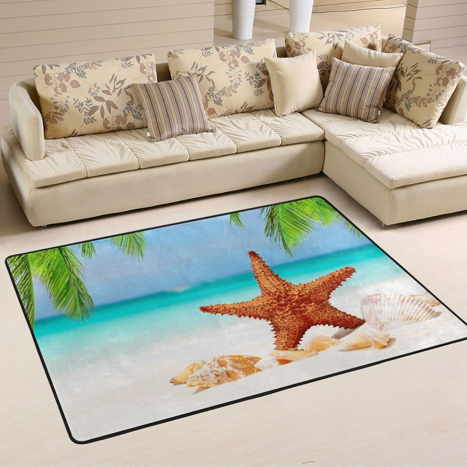SKYSONIC 36x24in Starfish White Sandy Beach Area Rug, Coconut Palm Tree ...