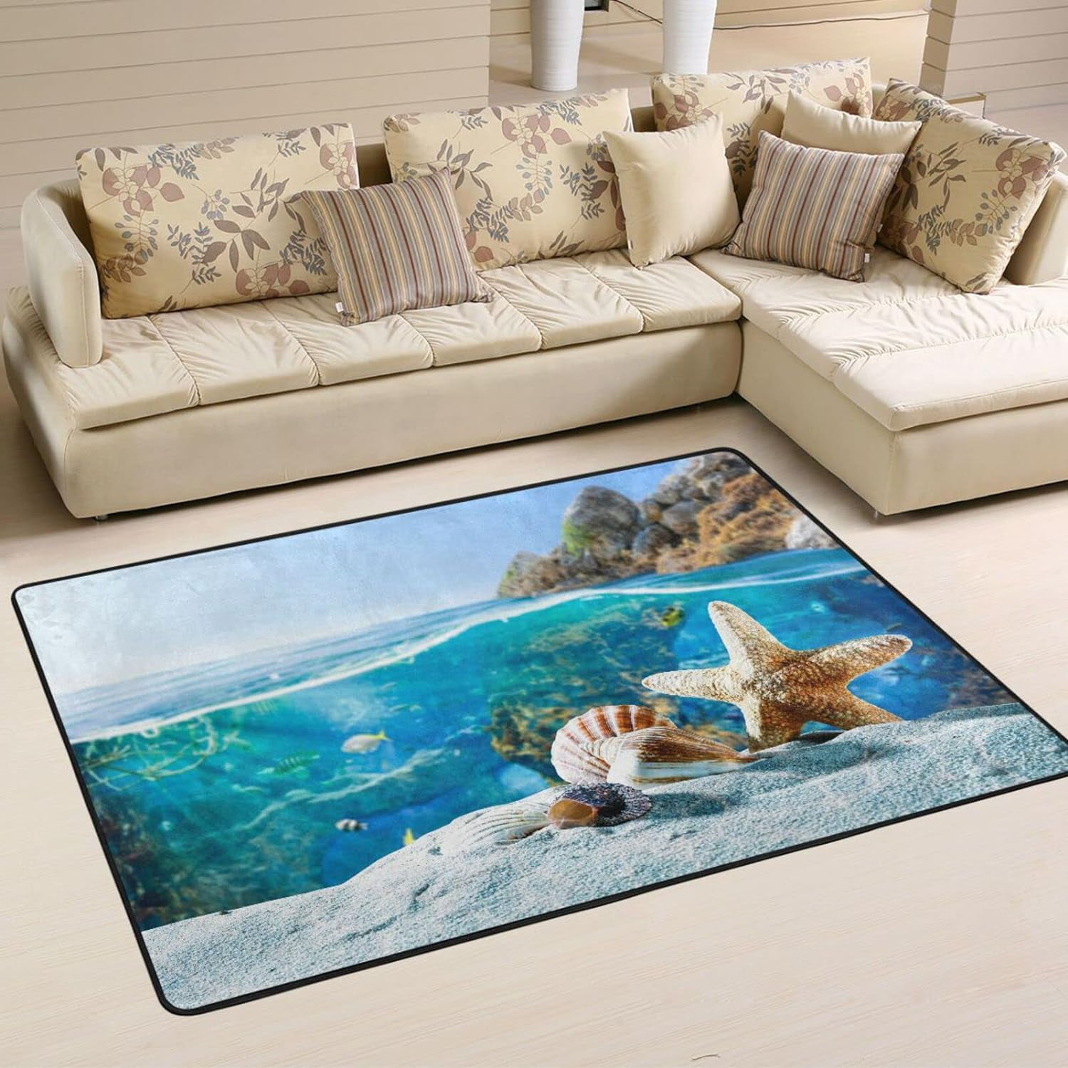 SKYSONIC 36x24in Summer Sand Beach Area Rug, Tropical Sea Starfish Non ...