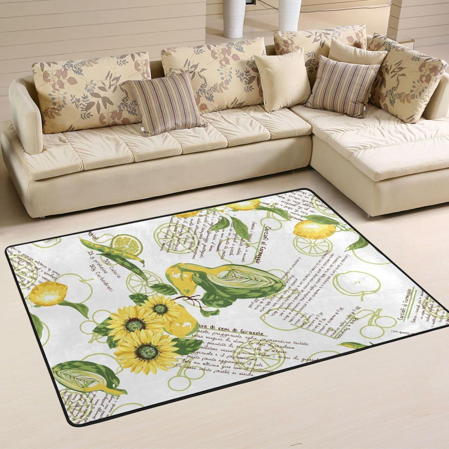 SKYSONIC 36x24in Sunflower Lemon Pear Area Rug, Vintage Letter Floral ...