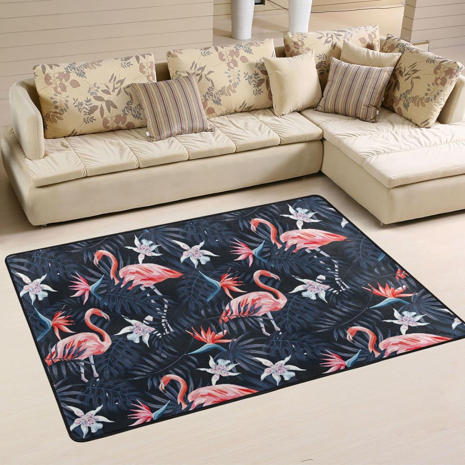 SKYSONIC 36x24in Tropical Flamingo Area Rug, Blue Palm Leaves Non-Slip ...