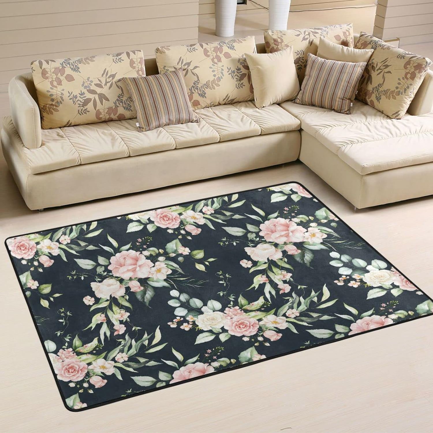 SKYSONIC 36x24in Watercolor Floral Area Rug, Pink Flowers Green Leaves ...