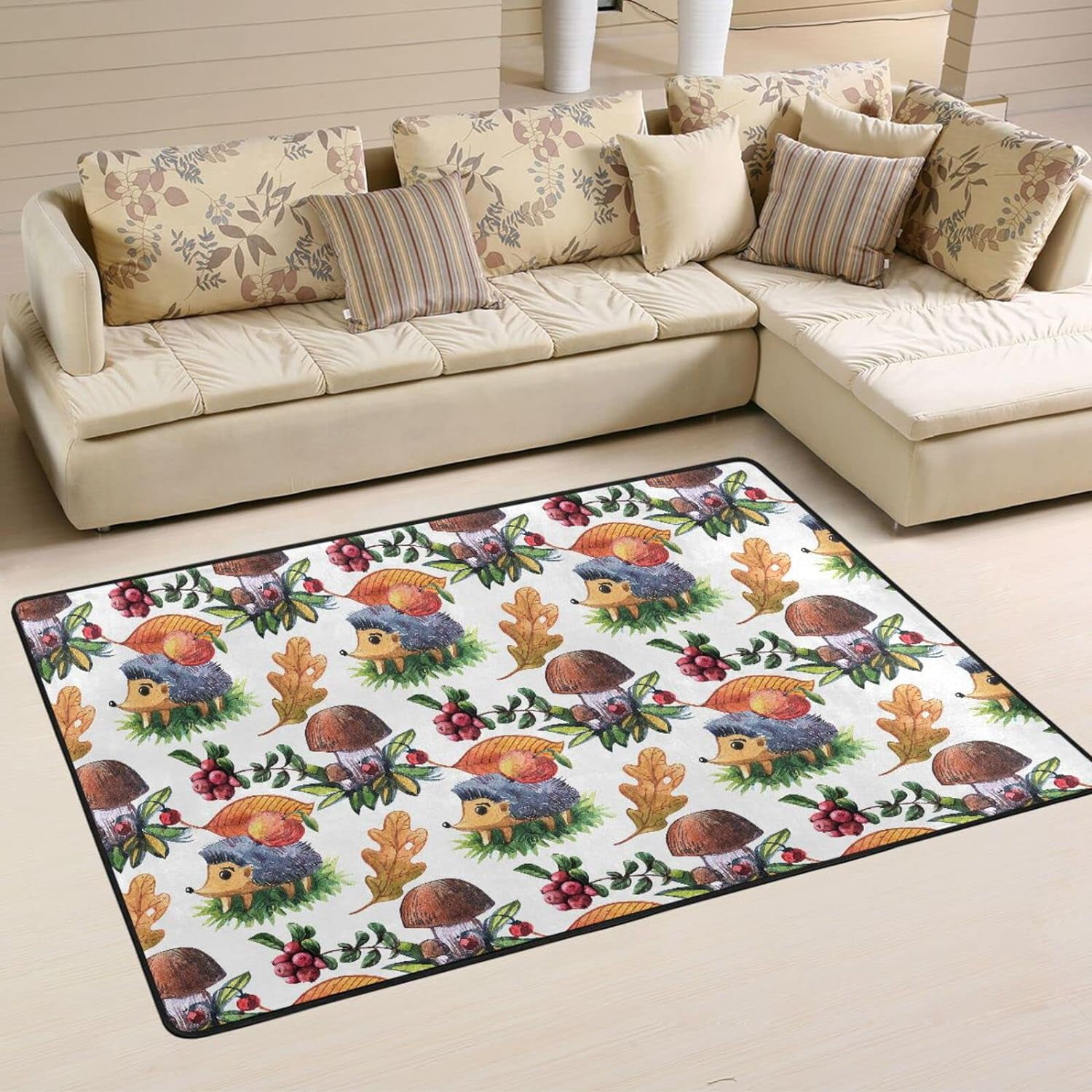 SKYSONIC 36x24in Watercolor Hedgehog Mushroom Area Rug, Autumn Leaves ...