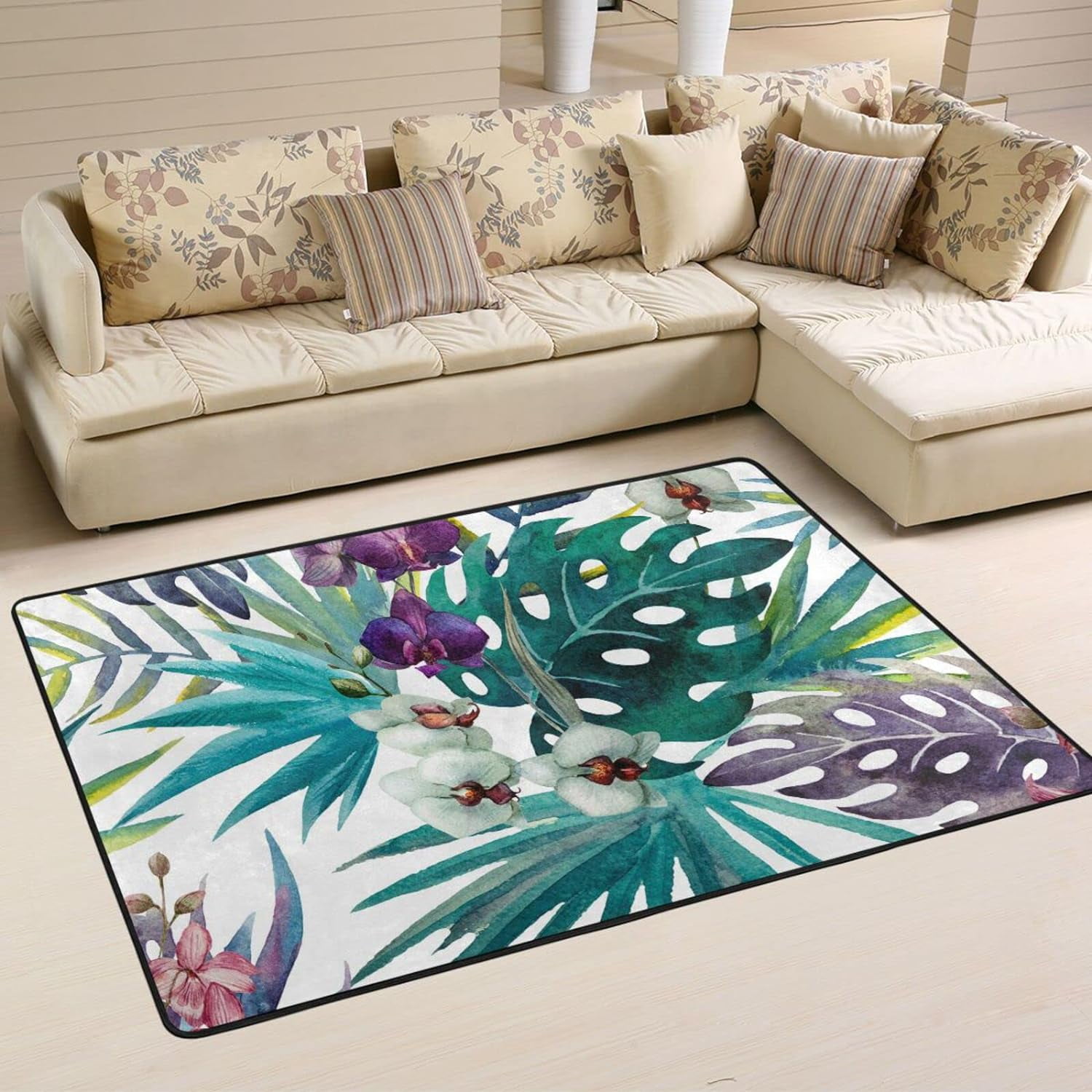 SKYSONIC 36x24in Watercolor Palm Leaves Area Rug, Tropical Leaves Non ...