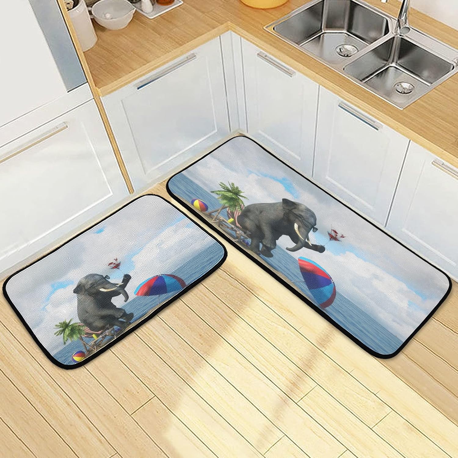 SKYSONIC 3D Elephant Beach Vocation Kitchen Mats and Rugs Funny Animal ...
