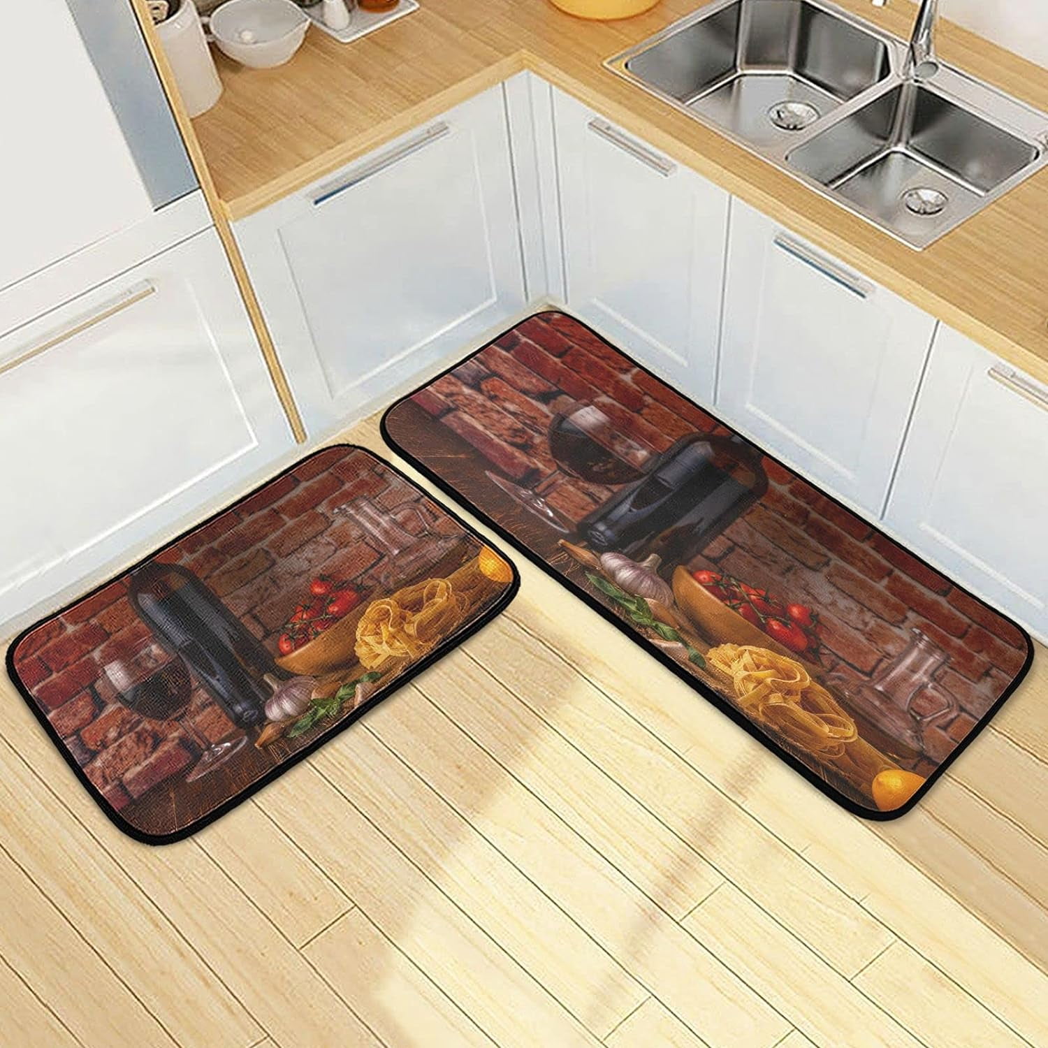 SKYSONIC 3D Red Wine Theme Kitchen Rugs 2 Pieces, Pasta Wine Bottle ...