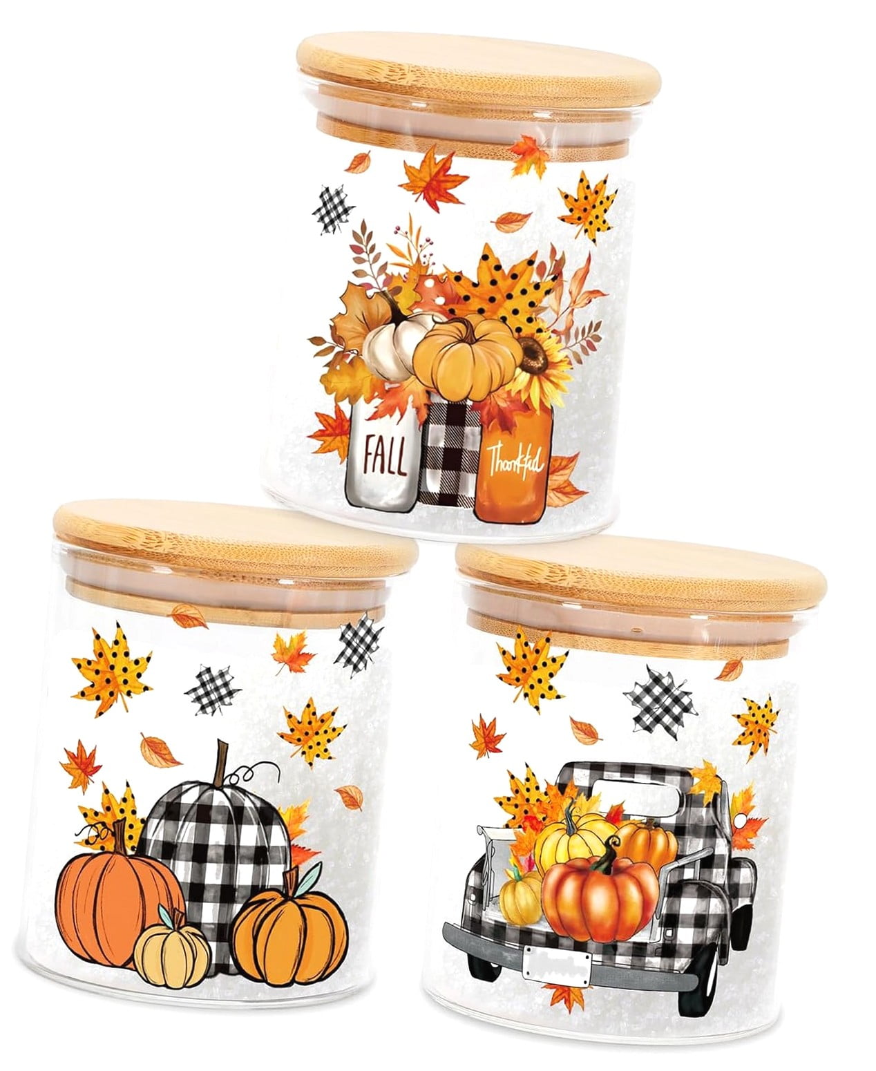 SKYSONIC 3Pcs Fall Storage Jars with Pumpkin Truck Leaves Clear ...