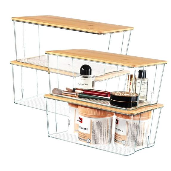 SKYSONIC 4 Pack Clear Plastic Storage Bins with , Stackable Storage ...