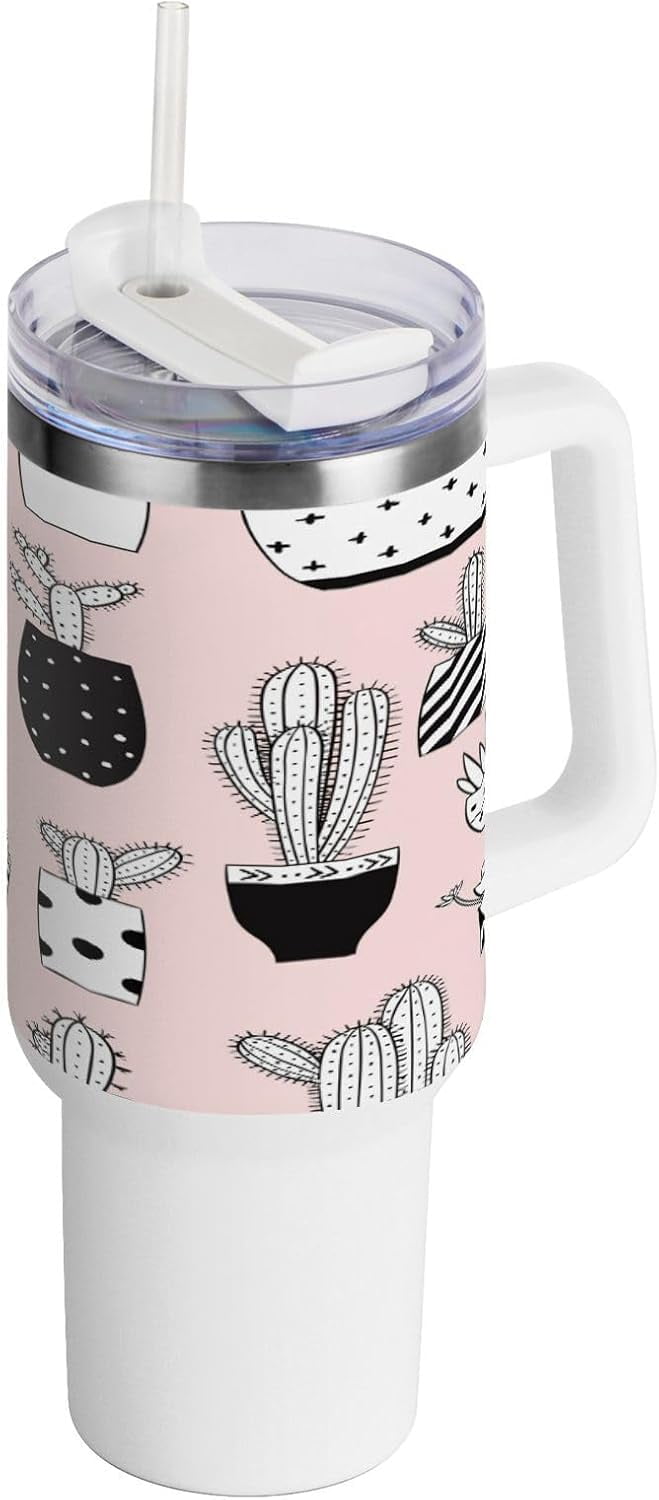 SKYSONIC 40 oz Black and White Cactus Tumbler with Handle and Straw Lid ...