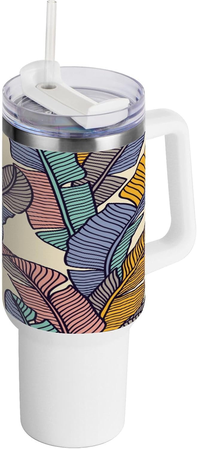 Skysonic 40 Oz Tropical Palms Leaves Tumbler With Handle And Straw Lid