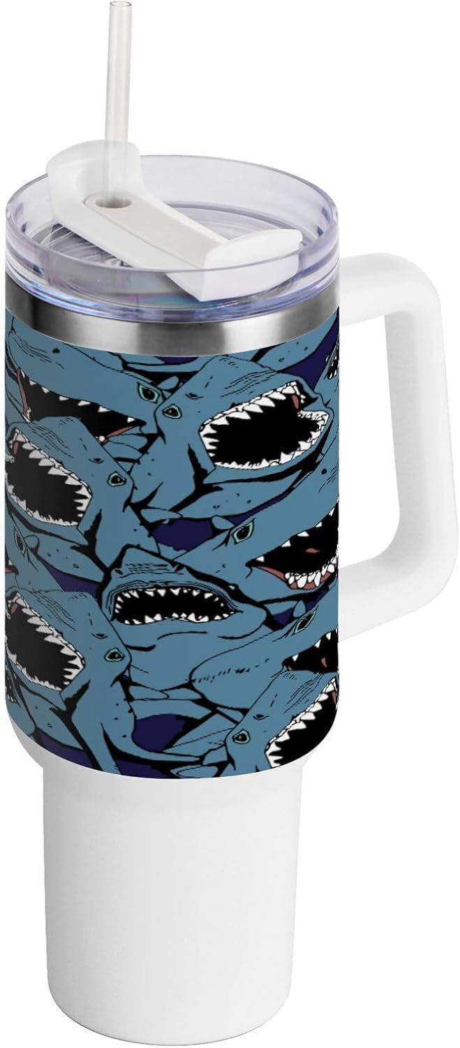 Skysonic 40oz Angry Shark Tumbler With Lid And Straw Travel Coffee Mug
