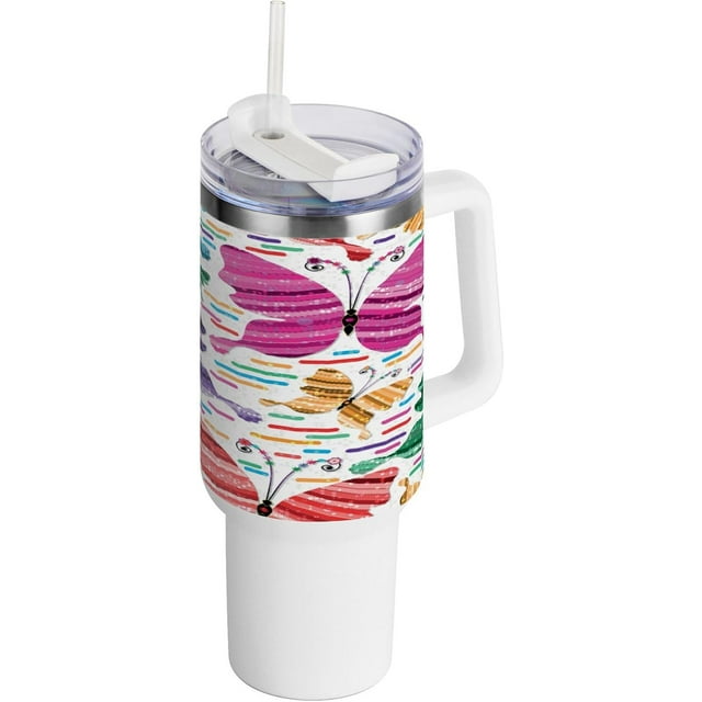 Skysonic 40oz Beautiful Colorful Butterfly Tumbler With Lid And Straw