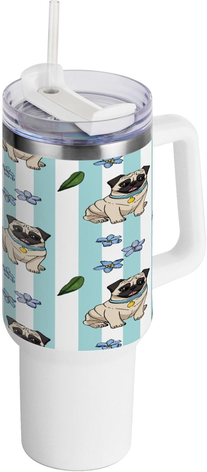 SKYSONIC 40oz Cute Cartoon Pugs Tumbler With Lid And Straw Travel ...