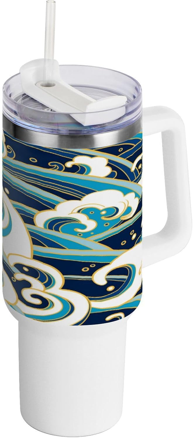 Skysonic 40oz Retro Ocean Wave Tumbler With Lid And Straw Travel Coffee