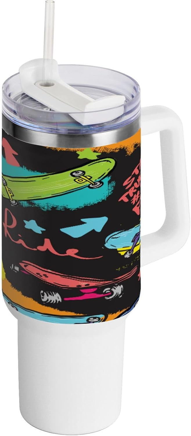 Skysonic 40oz Skateboard Pattern Tumbler With Lid And Straw Travel