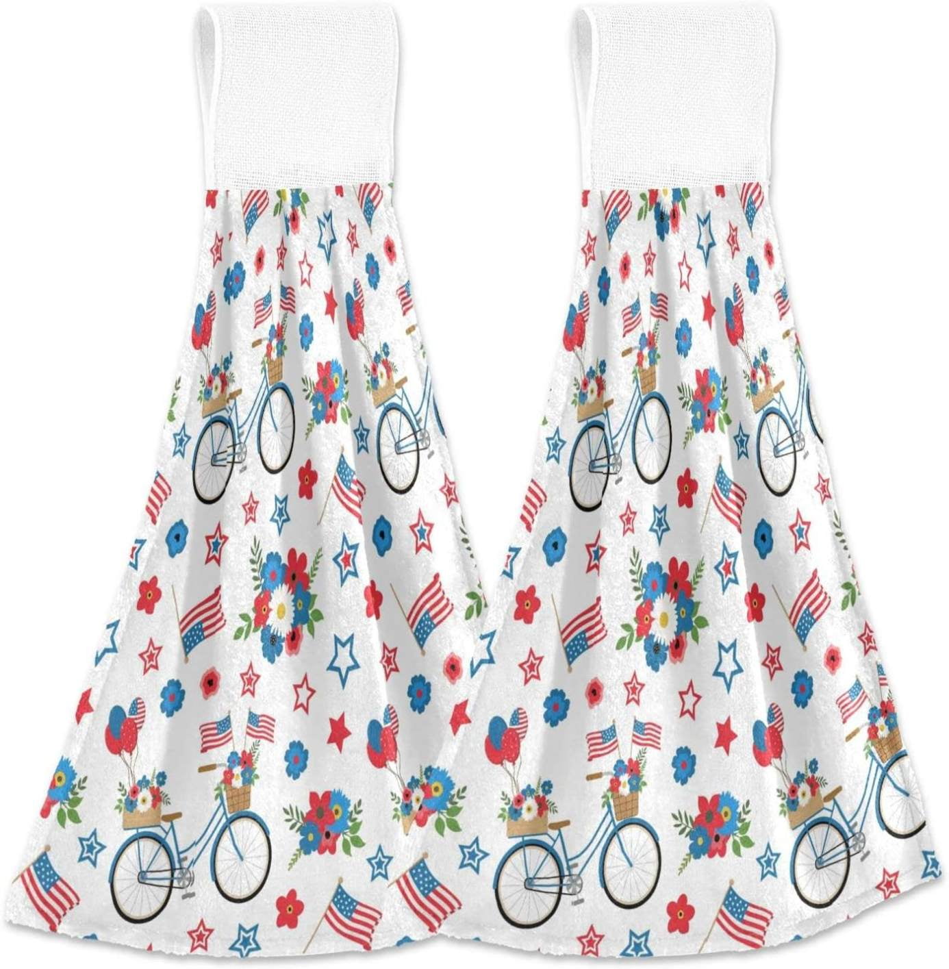SKYSONIC 4th of July Patriotic Bicycle American Flags Hanging Hand Towels with Hanging Loop ...