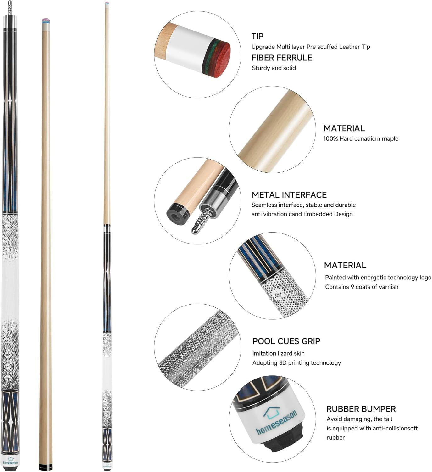 SKYSONIC 58" Pool Cue Stick with 3D Printed Grip, Professional Low ...