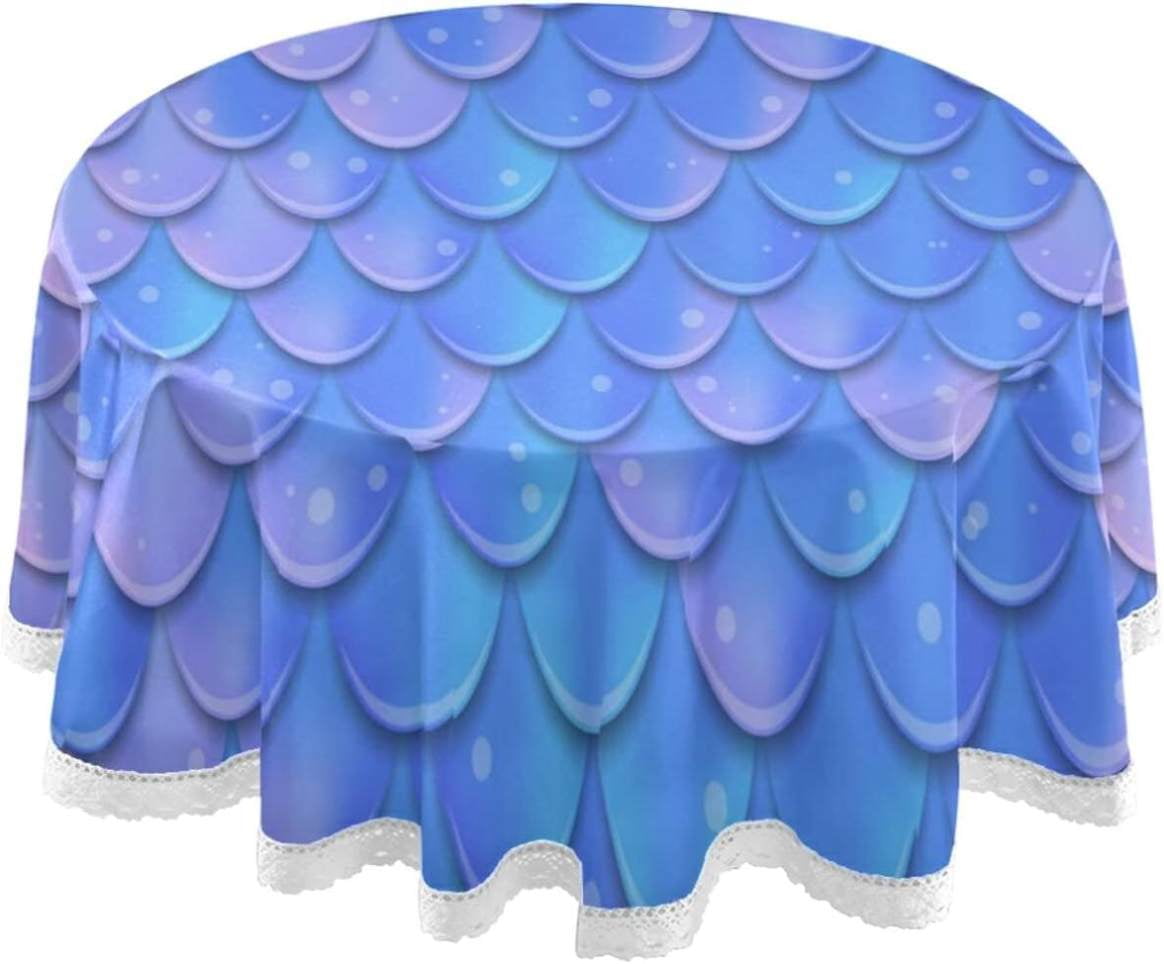 SKYSONIC 60" Mermaid Fish Scale Tail Round Tablecloth Blue Light ...
